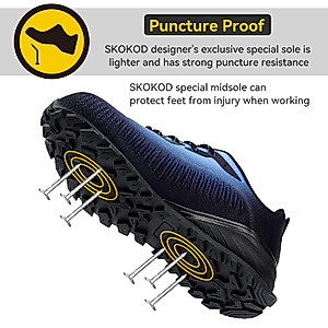 SKOKOD Steel Toe Shoes for Men Slip On Resistant Puncture Proof Safety Shoes Lightweight Breathable Tennis Warehouse Work Shoes（Black Blue 7.5）