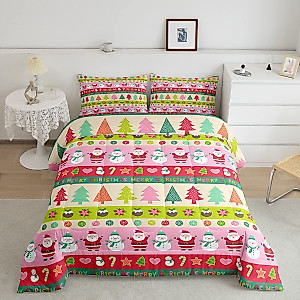 Cartoon Christmas Comforter Set for Kids Boys Girls Santa Claus Snowman Comforter Pink Xmas Theme Bedding Set Bedroom Decor Christmas Tree Duvet Set Twin Size Comforter Inner Fill 2Pcs