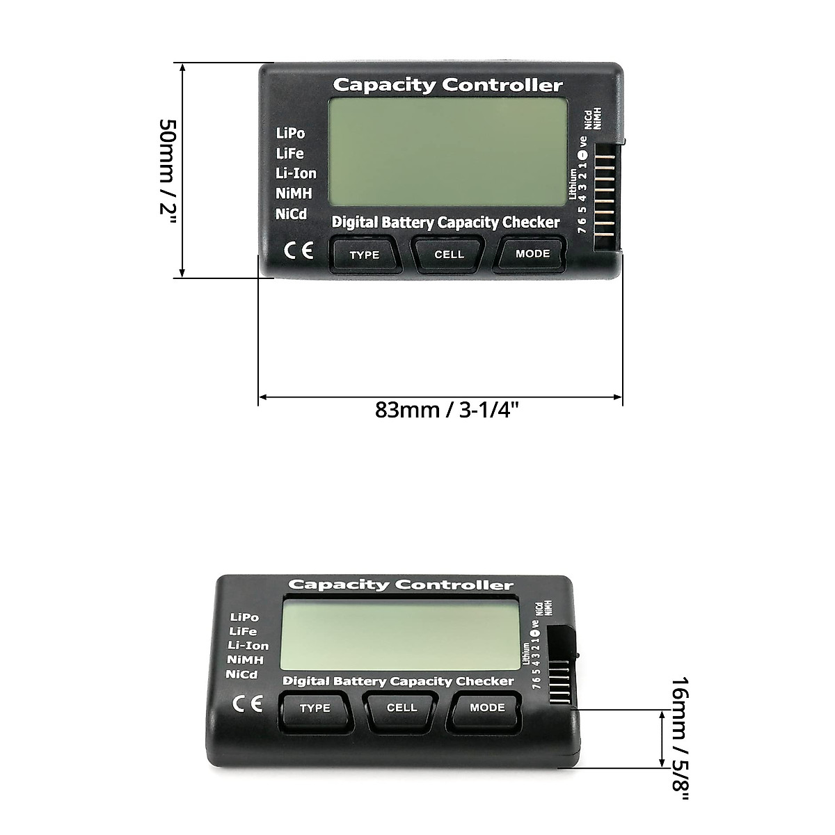 QWORK RC Cellmeter Controller Tester Voltage Tester, 7 Digital Battery Capacity Checker Compatible with LiPo Life Li-ion NiMH Nicd Battery