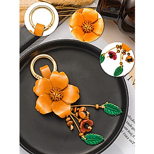 Inbagi Leather Leaf Flower Tassel Keychain Boho Accessories Cute Keychains for Women Wallet Bag Purse Ring Pendant Charms (Yellow)