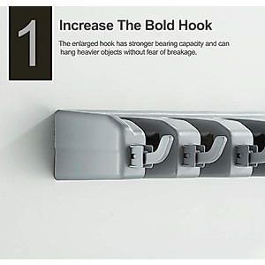 Broom Mop Rack and Garden Tool Storage Rack, ABS Material, Wardrobe Storage, Kitchen Rack, Home Finishing and Garage Storage Rack, Suitable for Rake or Mop Handle, 5 Handle Slots and 6 Hooks (Gray)