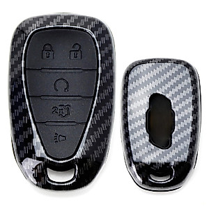 iJDMTOY Compatible with Chevy 2016-up Camaro Cruze, 2017-up Malibu Sonic, Carbon Fiber Hydrographic Printing Design Smart Key Fob Cover Shell w/Black Silicone Keypad Button Skin