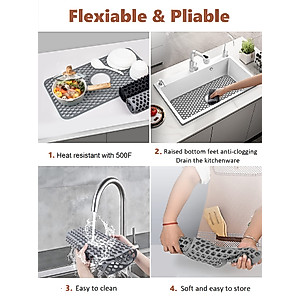 Silicone sink protectors for Kitchen with Center Drain, Grey Grid Accessory Non-slip Heat Resistant Folding mats Grates for Bottom, for Farmhouse Stainless Steel Porcelain Sink (24.8"x 12.9")