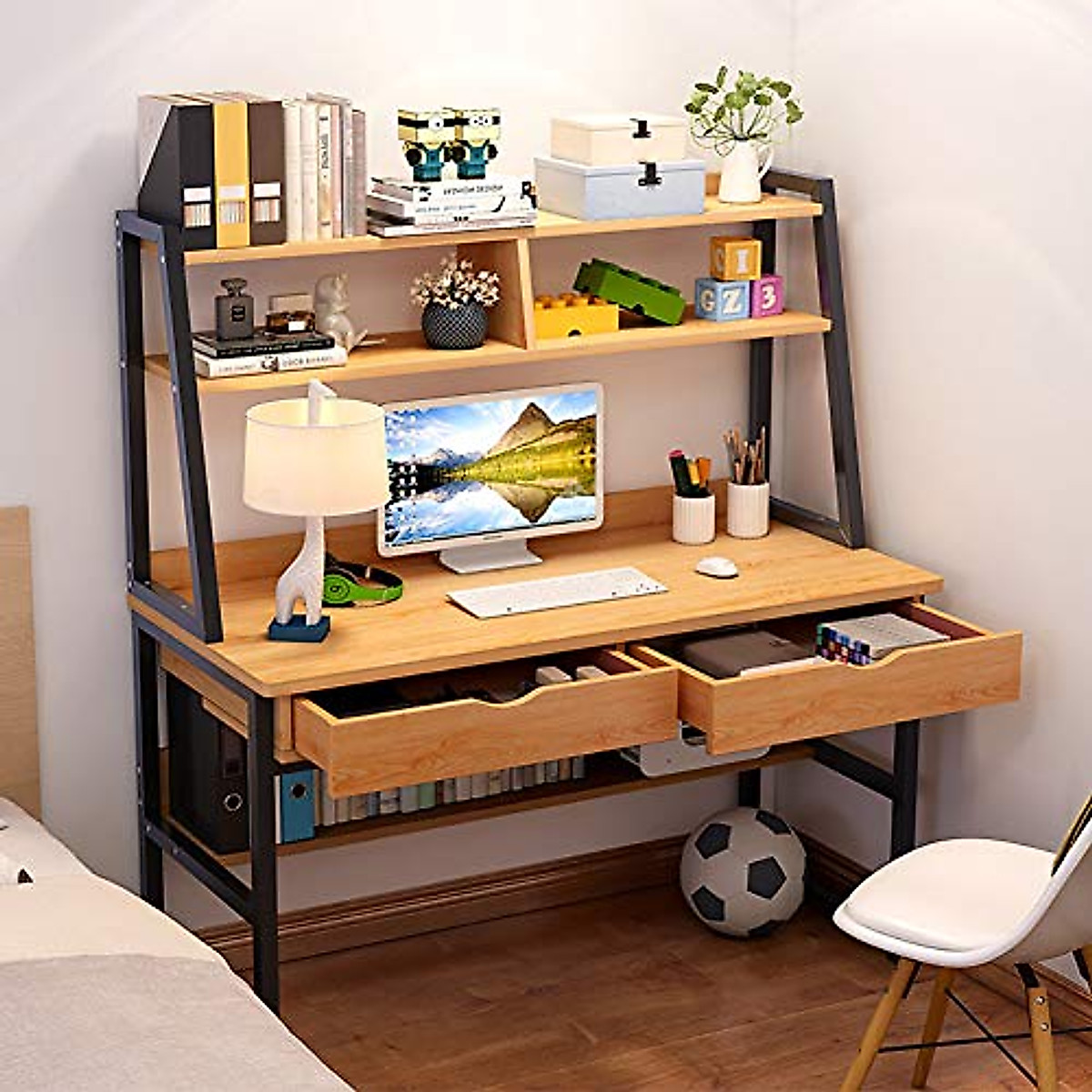 Modern Computer Desk with Hutch and 2 Drawers,Sturdy Office Desk Pc Laptop Desk Notebook Study Writing Table for Home Office Workstation