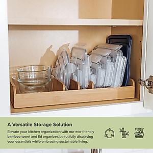 KitchenEdge Bamboo Kitchen Towel and Food-Storage Organizer, Perfect for Kitchen Drawers, Cabinets, Pantry, 5 Adjustable Wall Inserts, Organize & Store Plastic Food Containers