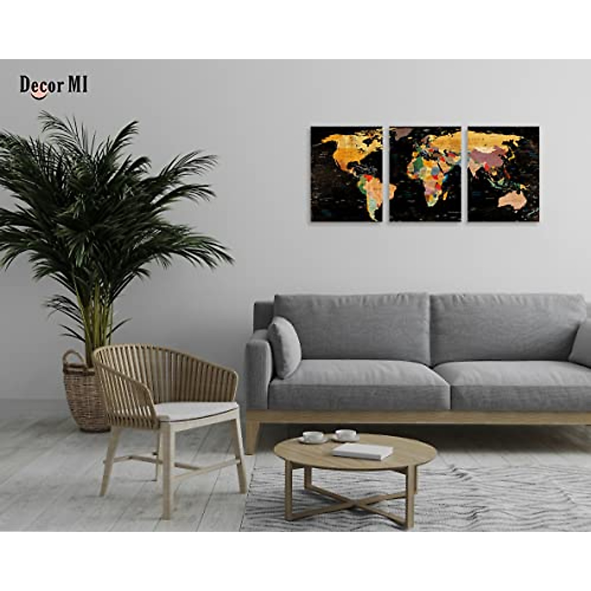 Decor MI World Map Wall Art on Canvas Black Canvas Prints Paintings 3 Pieces Canvas Map of The World Children Education Ready to Hang Map Decor Wall Artwork for Living Room Bedroom Bathroom Home