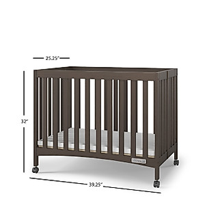 Child Craft London Mini Compact Folding Portable Crib with 2” Crib Mattress and 2 Easy Roll Locking Wheels, Durable Pine Wood Construction (Dapper Gray)