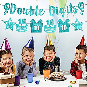 Excelloon Double Digits Banner 10th Birthday Decorations - Green Glitter Ten Years Old Birthday Banner Cake Gift Star Decorations - Happy 10 Year Old Birthday Party Supplies