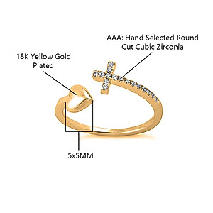 Savlano 18K Yellow Gold Plated Round Cut Cubic Zirconia Sideways Cross and Heart Open Band Ring Women Religious Ring (10)