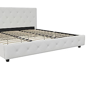 DHP Dakota Upholstered Platform Bed with Diamond Button Tufted Headboard and Footboard, No Box Spring Needed, King, White Faux Leather