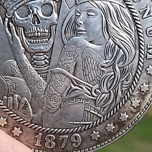 1879 Tattoo Princess with Her Skeleton King Art Coin Replica Morgan Silver Dollar Carson City Mint Mark 1.5" (38mm) Collectible with Protective Capsule and Display Stand – Comes with Display Stand