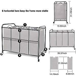STORAGE MANIAC Laundry Sorter 4 Section, Laundry Hamper with Wheels, Laundry Basket Sorter, Laundry Separator Hamper, Laundry Divider Hamper, 4 Bag Laundry Hamper with Wheels and Removable Bags, Gray