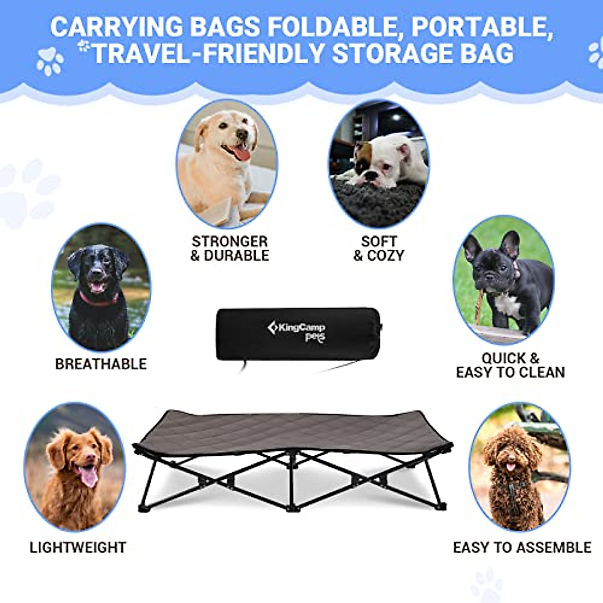 KingCamp Elevated Dog Bed Portable Raised Dog Beds Stable Folding Dog Cot Dog Camping Bed for Outdoor Travel with Washable Mesh for Small, Medium, Large Pet Weight Up to 110lbs with Carry Bag