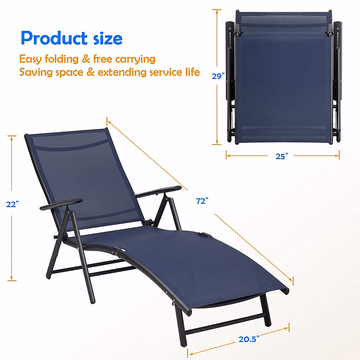 Devoko Patio Lounge Chairs Outdoor Chaise Lounge Beach Pool Side Folding Recliner Adjustable Lounge Chair Set of 2 (Blue)