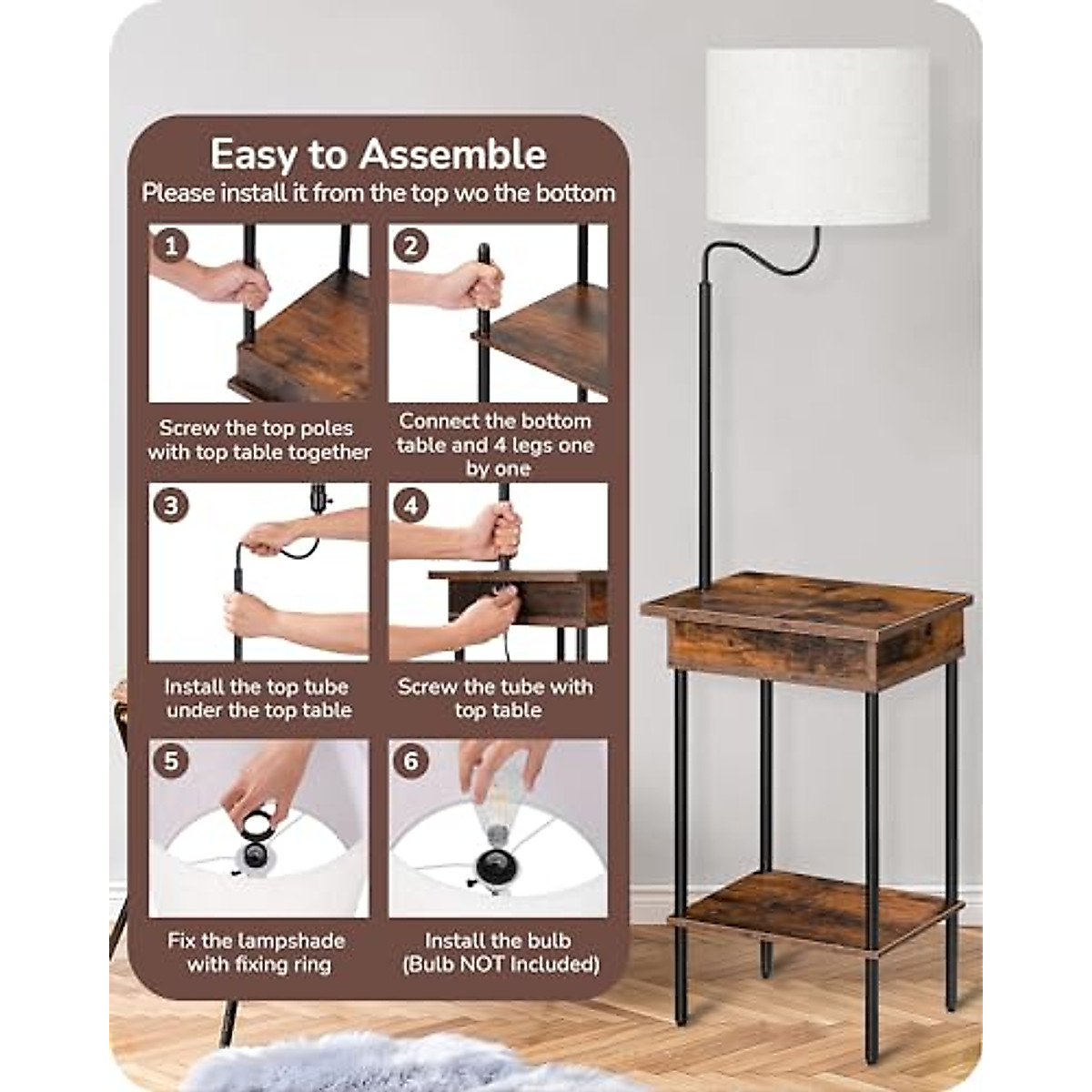 EDISHINE Floor Lamp with Table, Side Nightstand Light with 1 Drawer and 1 Shelf, Bedside Shelf Floor Lamp, Small End Table with Reading Lamp for Living Room Bedroom, Den