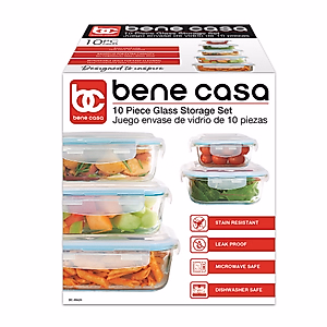 Bene Casa 10-piece glass food storage container set, air tight led containers, oven safe, microwave safe, freezer safe, dishwasher safe