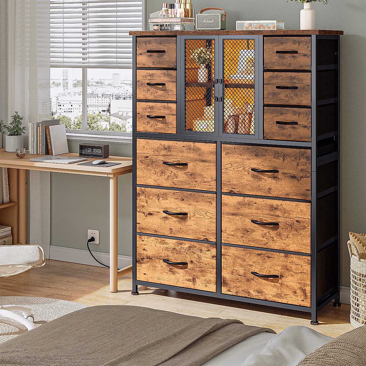 EnHomee Tall Dresser for Bedroom with 12 Drawer Dressers & Chests of Drawers for Closet with Power Outlets & LED Lights Large Dresser Organizer for Bedroom with Mesh Door, Rustic Brown