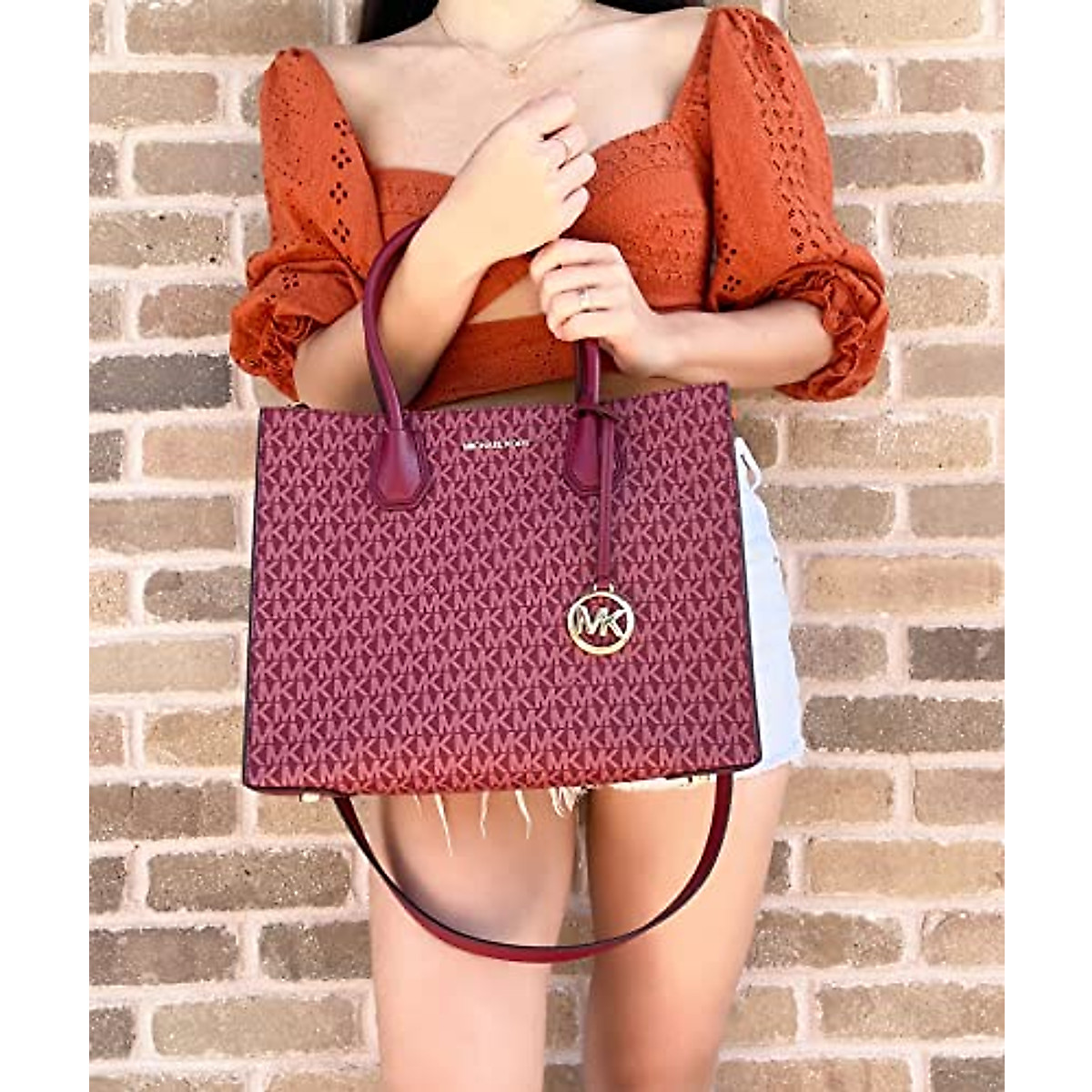 Michael Kors Mercer Large Convertible Tote Crossbody Mulberry MK Signature