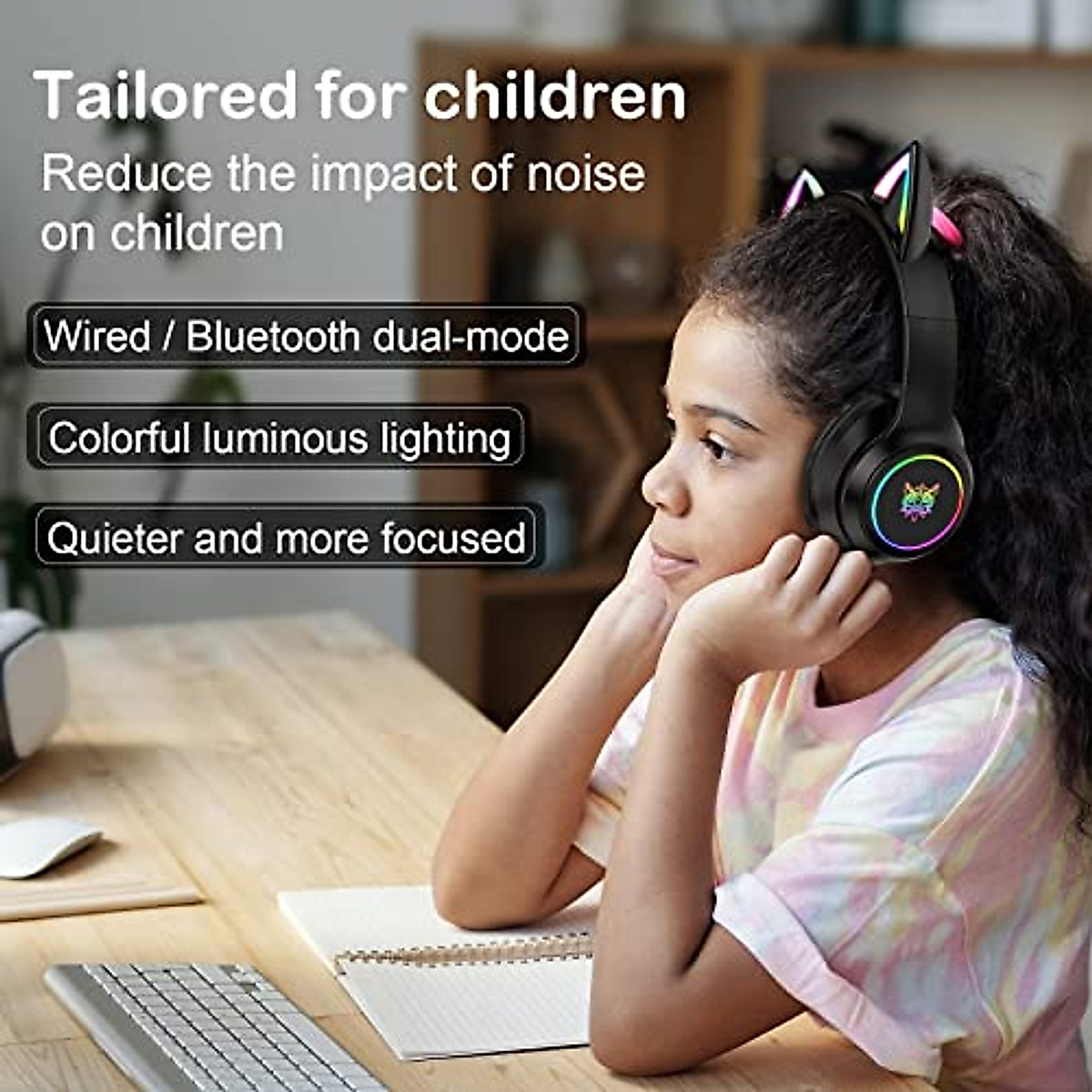 SIMGAL Bluetooth Cat Ear Headphones for Kids, Wireless & Wired Mode Foldable Headset with Mic, RGB LED Light, for Girls School Gaming, Compatible with Mobile Phones PC Tablet