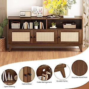 AWQM TV Stand for Living Room, Mid Century Modern TV Console, Rattan Entertainment Center with Storage and Open Shelves, Walnut