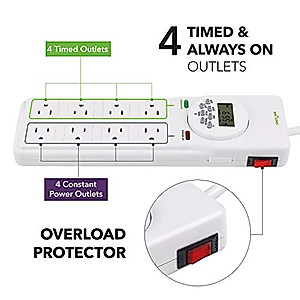 BN-LINK 8 Outlet Surge Protector with 7-Day Digital Timer (4 Outlets Timed, 4 Outlets Always On) - White