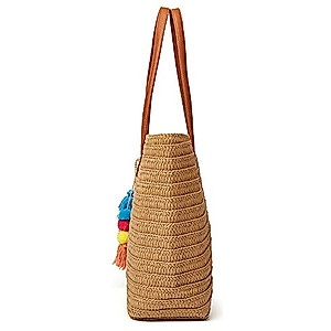 Obosoyo Straw Bags Beach Bag for Women Large Round Wicker Tote Bags Pompom Shoulder Bag Summer Purse (D-Khaki)
