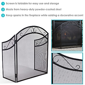 Sunnydaze Elegant Scrolling Design Steel 3-Panel Fireplace Screen with Black Powder-Coated Finish