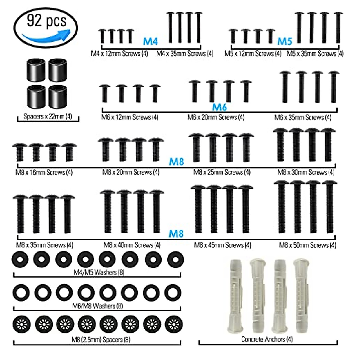 MOUNTUP Universal TV Mounting Hardware Kit Fits Most LED LCD OLED 4K TVs, Includes M4 M5 M6 M8 TV Screws, Spacers, Washers, and Concrete Wall Anchors for TV/Monitor Mounting up to 80 inches, MU0041