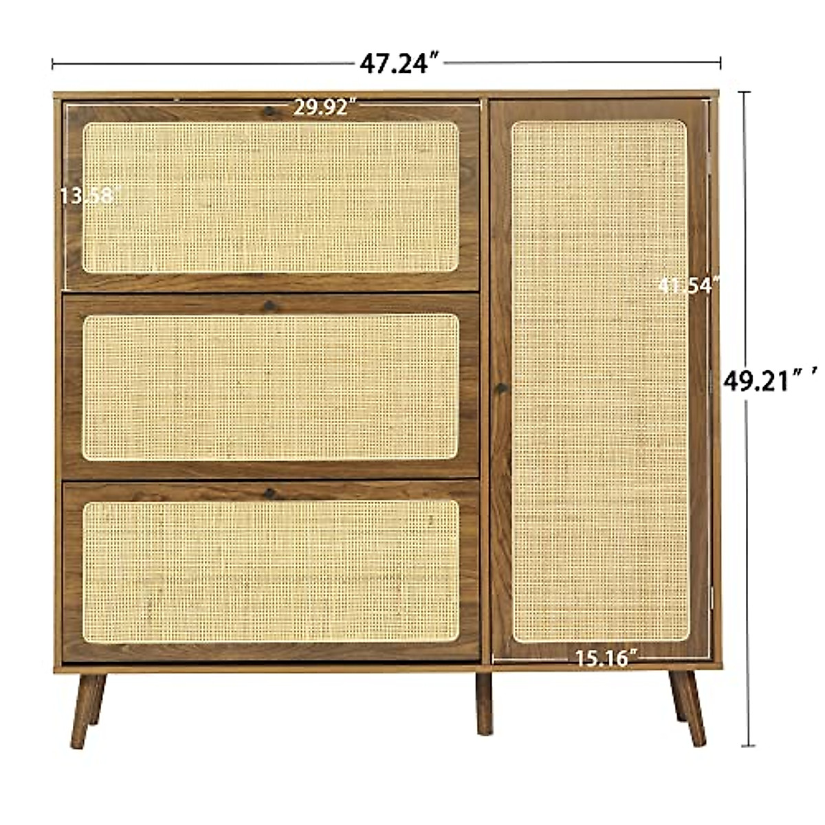 FOKWE Natural Rattan Shoe Cabinet, Shoe Cabinet with 3 Flip Drawers and Storage Shelves, Modern 3-Tier Shoe Rack Storage Cabinet for Entryway, Hallway, Bedroom(Walnut)