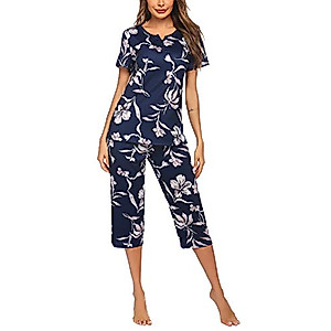 Ekouaer Ladies Pajamas Two Pieces Floral Printed Short Sleeves Shirt Set Capri Pants Sleepwear with Button PJS Sets Navy Blue S
