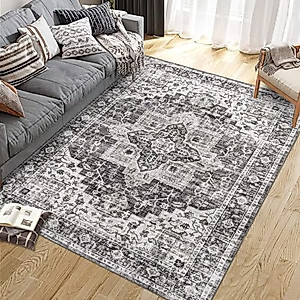 GlowSol Grey 9' x 12' Area Rug, Washable, Non-Slip, Vintage, Bohemian, Low Pile, Machine Made, Polyester, Dining Room