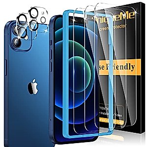 UniqueMe [3+2 Pack] for iPhone 12 Mini Screen Protector, (Military-Grade Shockproof) with 3 Tempered Glass Screen and 2 Camera Lens Protector and Installation Frame Clear Screen Cover
