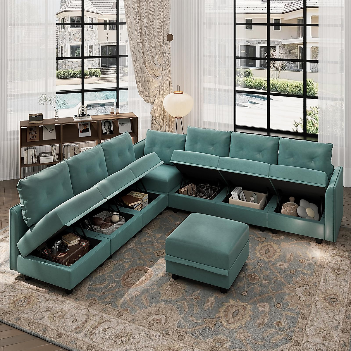 LLappuil Modular Sectional Sofa, Convertible L Shaped Sectional Couch with Storage, Faux Leather Fabric, Modular Sectionals with Chaise, 7 Seats with Ottoman Sofas for Living Room, Aqua Blue
