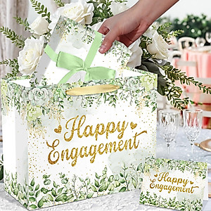 Engagement Party Gift Bags Sage Green Happy Engagement Gift Wrapping Paper Bag with Tissue Paper Card Eucalyptus Christmas Engagement Party Decorations Gift Bags Sage Green Happy Engagement Supplies