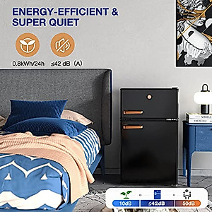 JOY Kitchen JR31TBKE10 2-Door Mini Fridge with Freezer Adjustable Thermostat, Low Noise, Energy-Efficient, Compact Refrigerator for Dorm, Office, Bedroom, 3.1 Cu Ft, Black