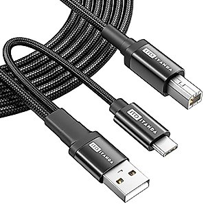 ITD ITANDA Printer Cable，2 in 1 USB Printer Cable 10FT，USB 2.0 A Male to B Male Scanner Cord,USB Type C to MIDI Cable Printer Cable, Compatible with Musical Instruments, Pianos, Hp, Canon and More