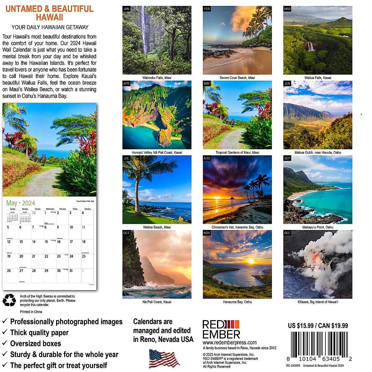 RED EMBER Untamed & Beautiful Hawaii 2024 Hangable Monthly Wall Calendar | 12" x 24" Open | Thick & Sturdy Paper | Giftable | Beach Scenic Nature Travel | Your Daily Hawaiian Getaway
