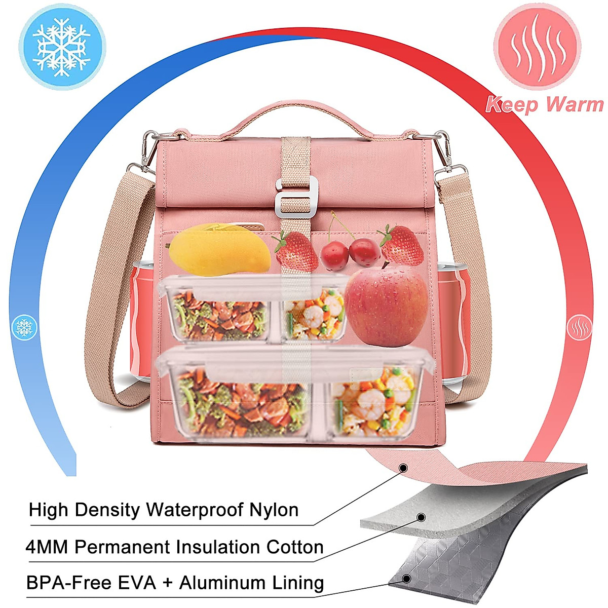 Roll Top Lunch Bag for Men & Women, Artelaris Small Portable Lunch Box Insulated Lunch Bag, School & Work Tote Lunch Bag, Boys & Girls Lunch Box Cooler with Side Pocket Lunchbag, Lunchbox, Park Picnic