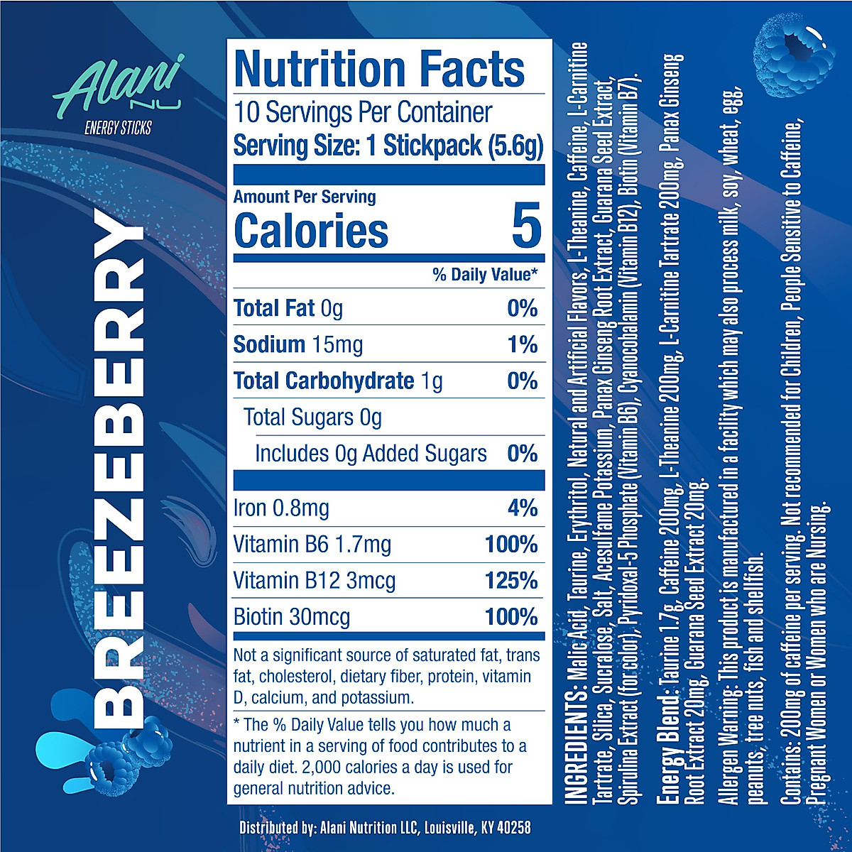 Alani Nu BREEZEBERRY Energy Sticks | Energy Drink Powder | 200mg Caffeine | Pre Workout Performance with Antioxidants | On-The-Go Drink Mix | Biotin, B Vitamins | Zero Sugar | 5 Calories | 10 Pack
