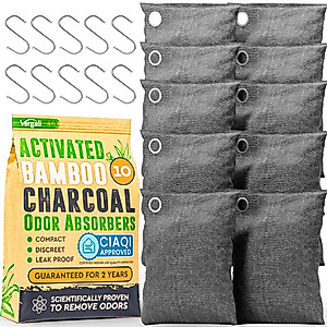 Bamboo Charcoal Bags Odor Absorber 10x100g w Hooks. Nature Fresh Bamboo Charcoal Air Purifying Bags Activated Charcoal Odor Absorbers for Home, Charcoal Deodorizer Bags and Shoe Closet Odor Eliminator