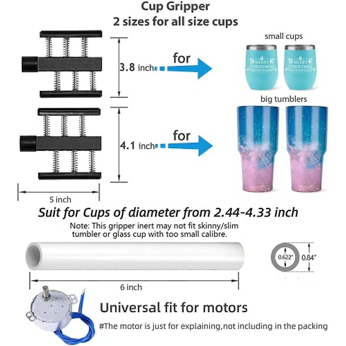 QXLU Cup Turner Accessory Kit for Crafts Tumbler, 2 Cup Gripper Inserts and 1 Arm Wand, Fit 20 oz to 50 oz Tumblers, Universal Compatibility Turner Attachment for Tumbler Spinner Machine