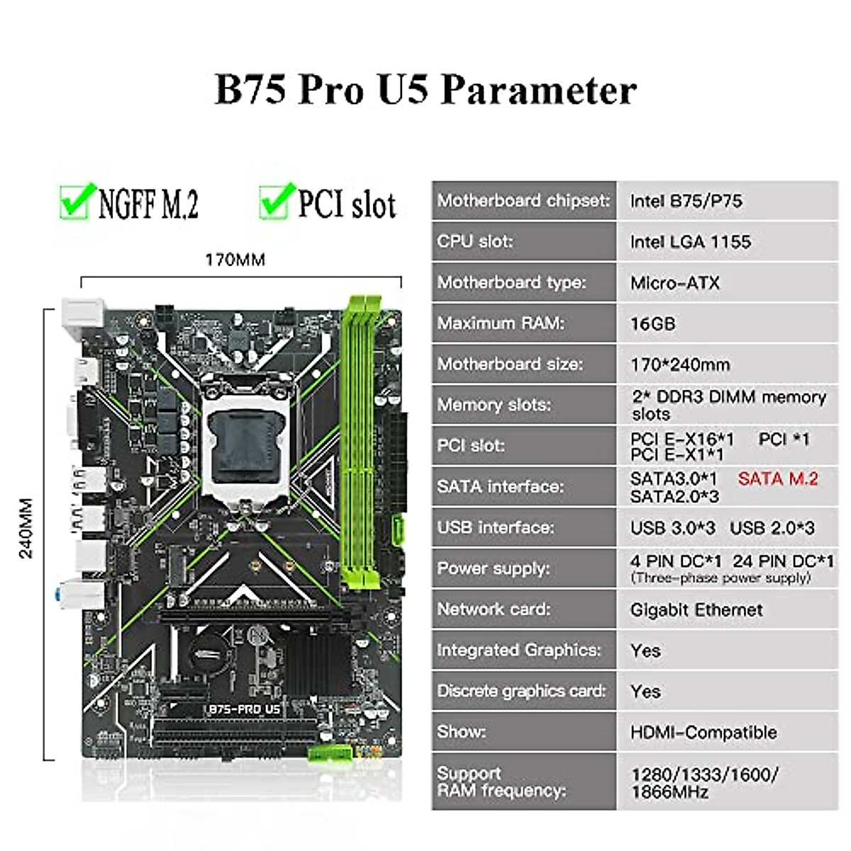 MACHINIST LGA 1155 Motherboard, B75 Micro ATX Computer Motherboards for Desktop PC (Intel 2th/3th Gen, PCIe 2.0, NGFF M.2, PCI, DDR3, SATA 6Gb/s, USB 3.0) for Core i3,i5,i7/Xeon E3 V2/Pentium