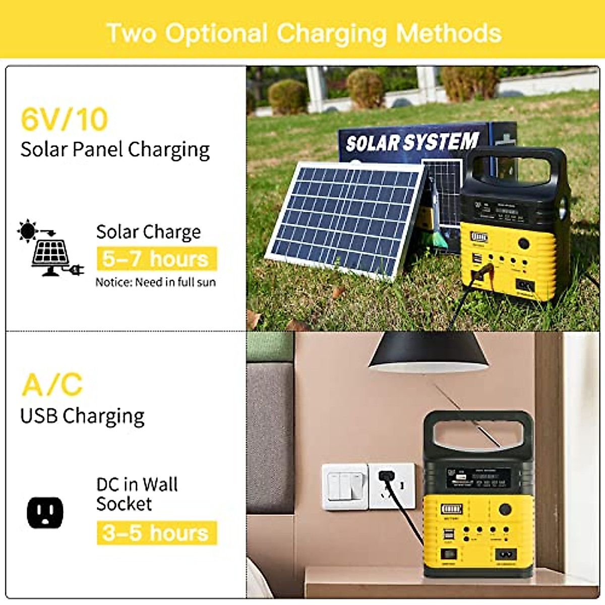 UPEOR Solar Power Generator-Portable Power Station-8000mAh Solar Power Generator with Solar Panel,MP3&FM Radio,Bluetooth,3 Sets LED Lights,Home Outdoor Solar Generator for Camping Emergency(Yellow)