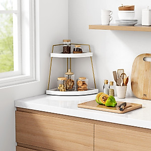 Forbena Corner Bathroom Counter Organizer, White and Gold Countertop Shelf Organizer for Kitchen Sink, 2 Tier Makeup Vanity Tray for Dresser Tops Decor, Corner Shelf for Girls Bedroom Storage