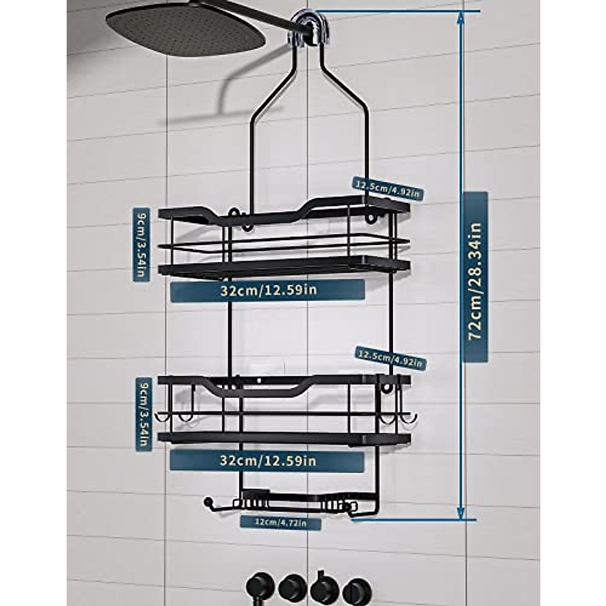 Consumest Shower Caddy over Head Hanging Shower Caddy with Soap Holder, Rustproof & Waterproof Shower Shelf with 4 Movable Hooks, No Drilling Black Shower Rack for Bathroom, Shower Room