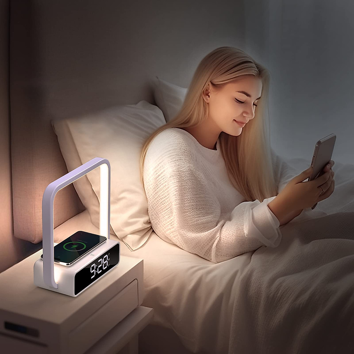 Guidea Alarm Clock Lamp, Wake-Up Light with Sunrise Simulation, Bedside Lamp with Clock, Table Lamp with Wireless Charger, Touch LED Night Light