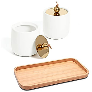 Satu Brown Bathroom Jars with Bamboo Tray, Qtip Holder, Cotton Ball Swab Pad Round Holder