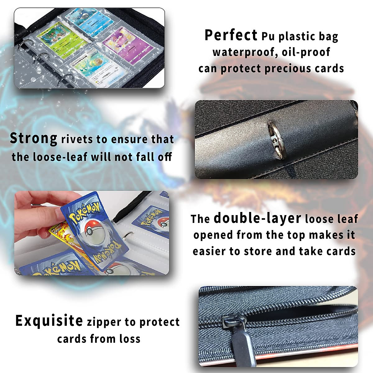Trading Card Binder 4-Pocket for Trading Cards Holder Sleeves Portable Card Collector Book Fits 400 Cards with 50 Removable Sleeves Card Storage with Zipper Holder
