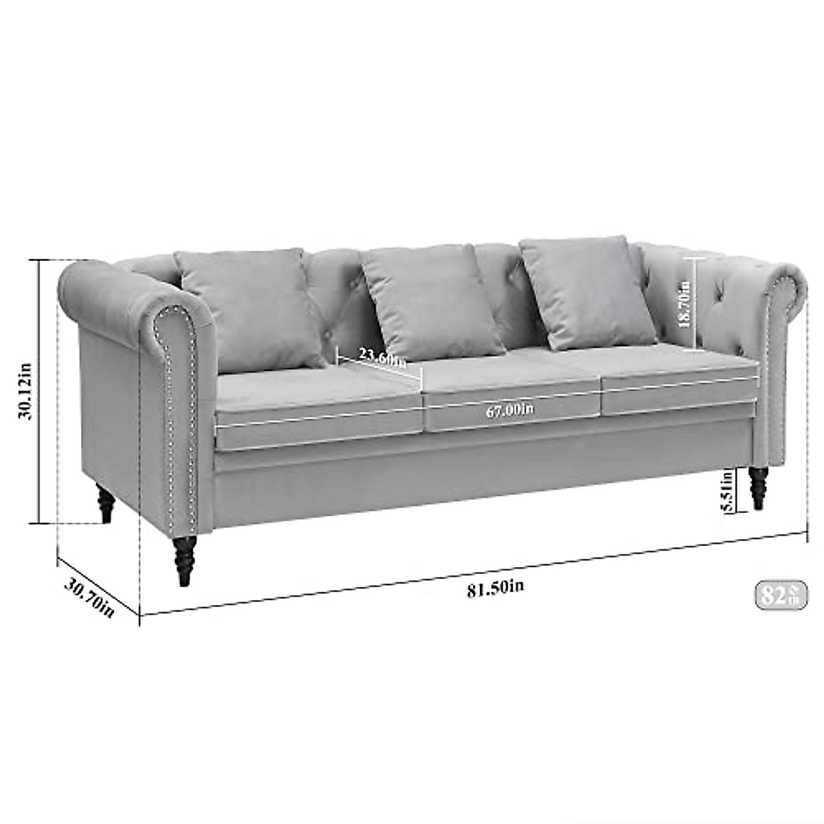 kinmars Chesterfield Sofa Velvet,3 Seater Couch Furniture,Couches for Living Room with Deep Button Tufting,Large Sofa with Rolled Arms (Grey)