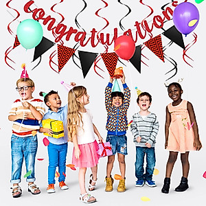 Glitter Congratulations Banner Triangle Flag Banner with 12 Pieces Hanging Swirls for Wedding Retirement Graduation Anniversary Party Decorations (Black, Red)